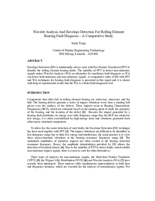 Pdf Wavelet Analysis And Envelope Detection For Rolling Element Bearing Fault Diagnosis A
