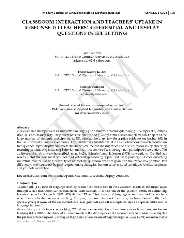 (PDF) Classroom Interaction and Teachers' Uptake in Response to ...