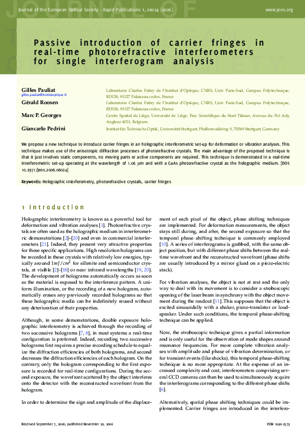 Pdf Passive Introduction Of Carrier Fringes In Real Time Photorefractive Interferometers For