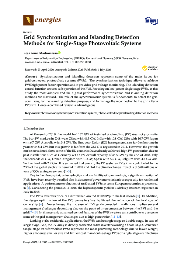 (PDF) Grid Synchronization and Islanding Detection Methods for Single-Stage Photovoltaic Systems