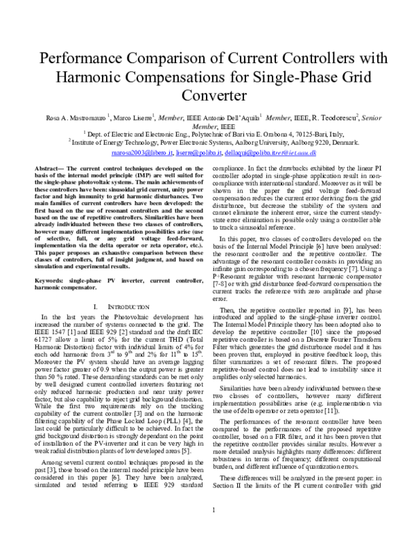 (PDF) Performance Comparison of Current Controllers with Harmonic Compensations for Single-Phase ...