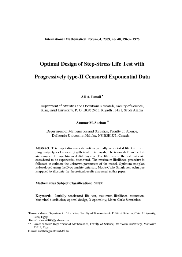 (PDF) Optimal Design of Step-Stress Life Test with Progressively type ...