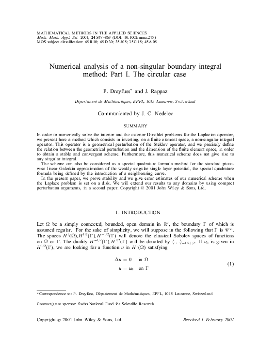 Pdf Numerical Analysis Of A Non Singular Boundary Integral Method Part I The Circular Case