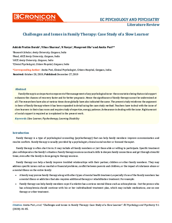 (PDF) Challenges and Issues in Family Therapy: Case Study of a Slow Learner