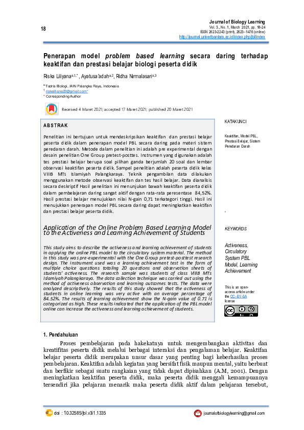 (PDF) Penerapan model problem based learning secara daring terhadap keaktifan dan prestasi ...