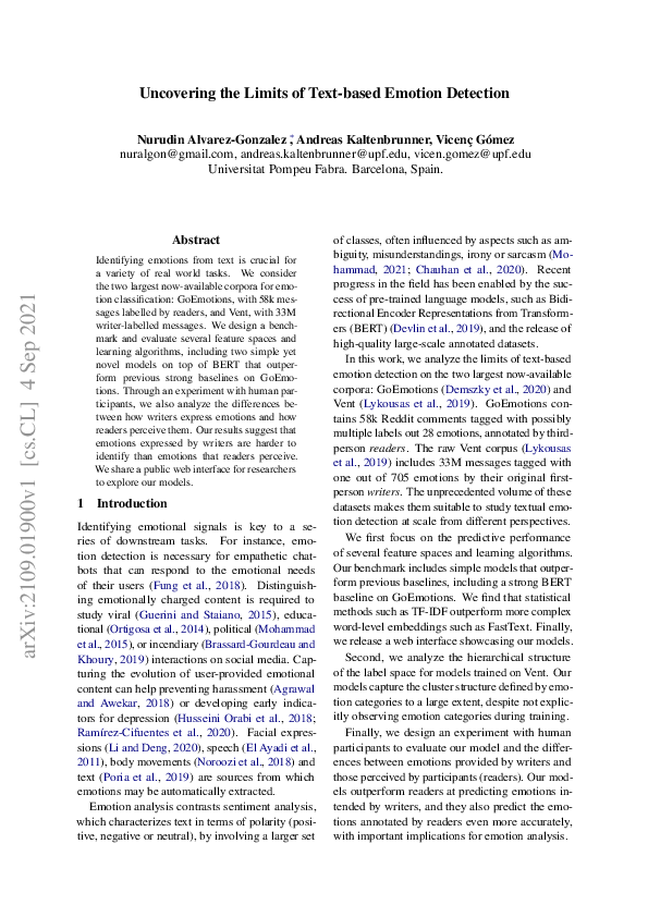 Pdf Uncovering The Limits Of Text Based Emotion Detection