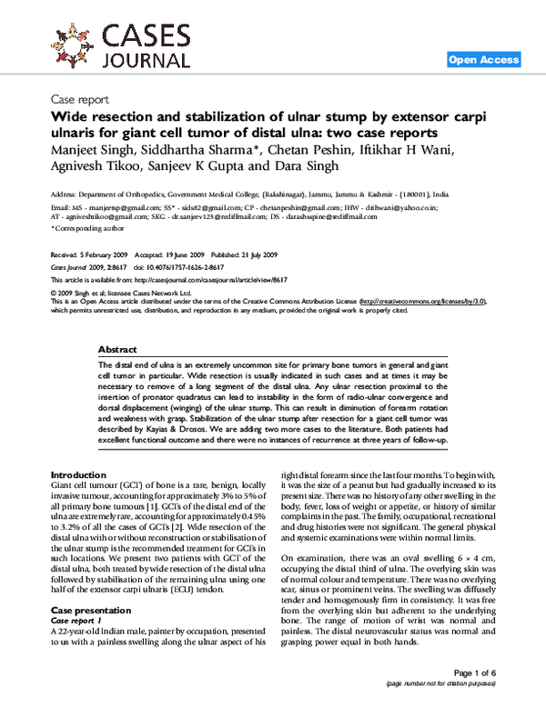(PDF) Wide resection and stabilization of ulnar stump by extensor carpi ...