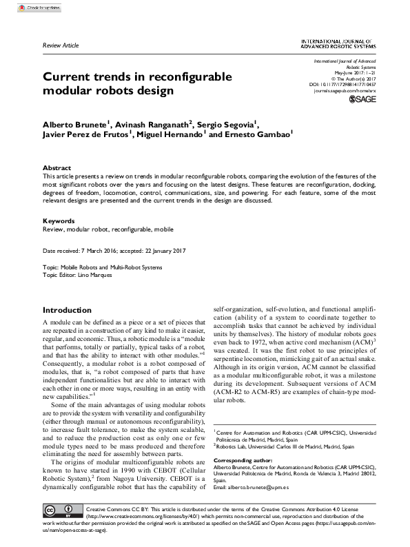 (PDF) Current trends in reconfigurable modular robots design