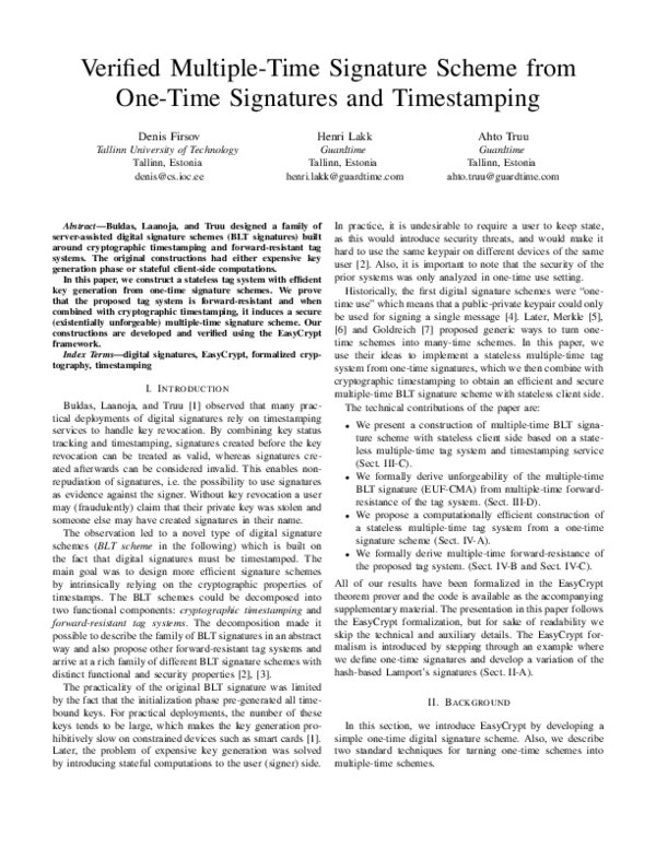 (PDF) Verified Multiple-Time Signature Scheme from One-Time Signatures and Timestamping
