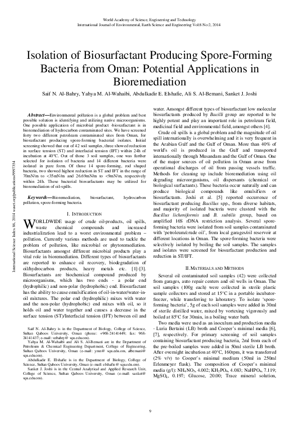 (PDF) Isolation of biosurfactant producing spore-forming bacteria from Oman: potential ...