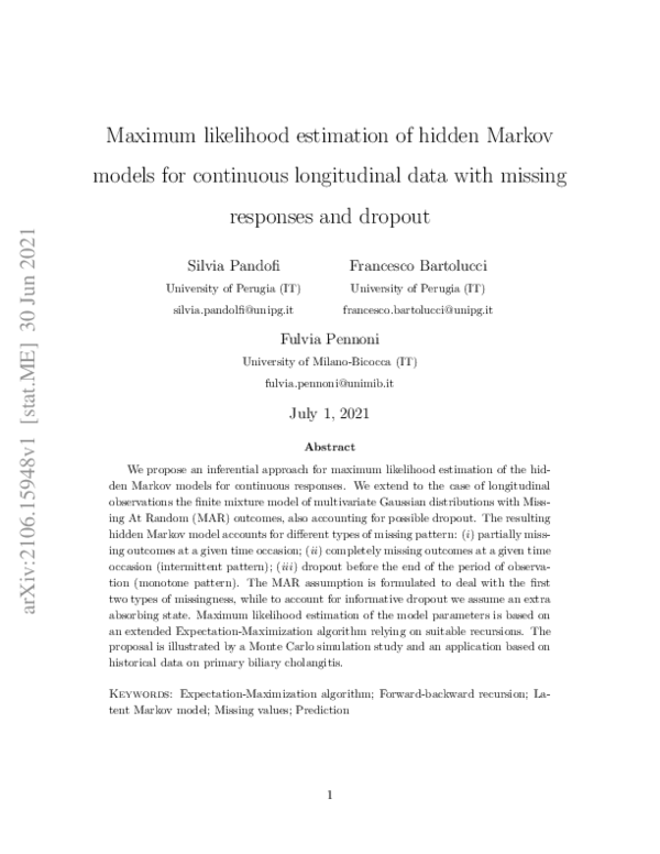 (PDF) Maximum likelihood estimation of hidden Markov models for continuous longitudinal data ...