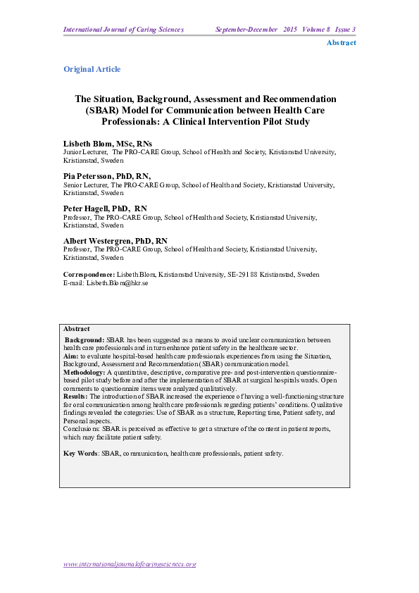 (PDF) The Situation, Background, Assessment and Recommendation (SBAR ...