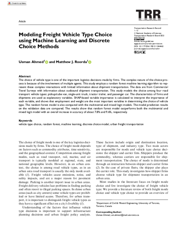 (PDF) Modeling Freight Vehicle Type Choice using Machine Learning and Discrete Choice Methods
