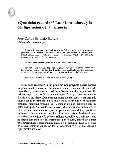 (PDF) ¿Qué debo recordar?: los historiadores y la configuración de la ...