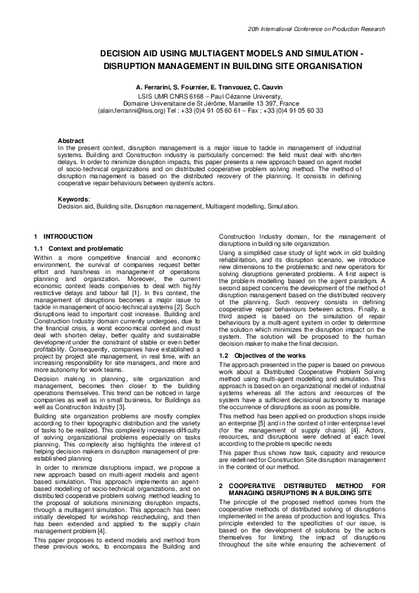 (PDF) Decision aid using multiagent models and simulation - Disruption Management in Building ...