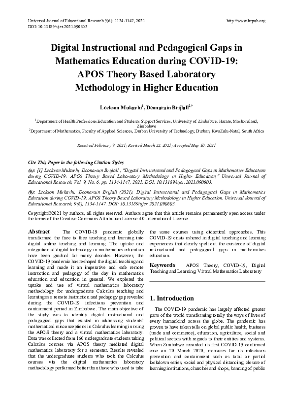 (PDF) Digital Instructional and Pedagogical Gaps in Mathematics Education during COVID-19: APOS ...