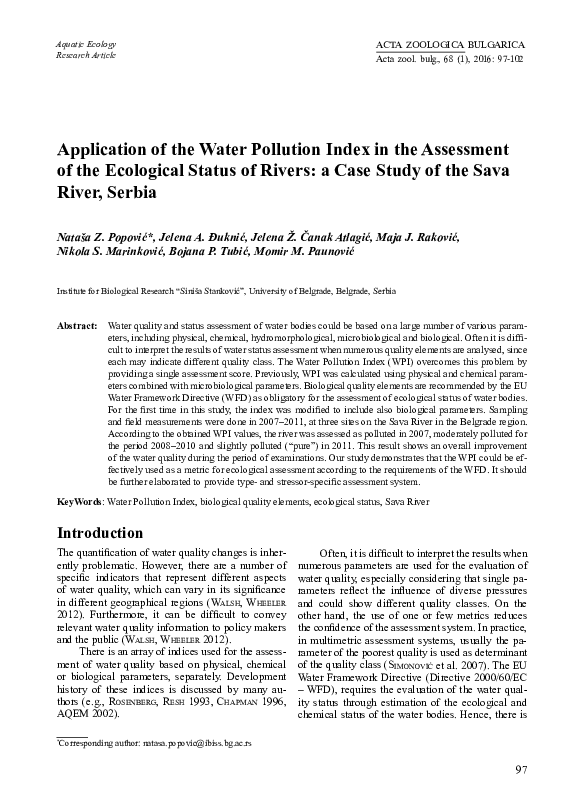 (PDF) Application of the Water Pollution Index in the Assessment of the ...