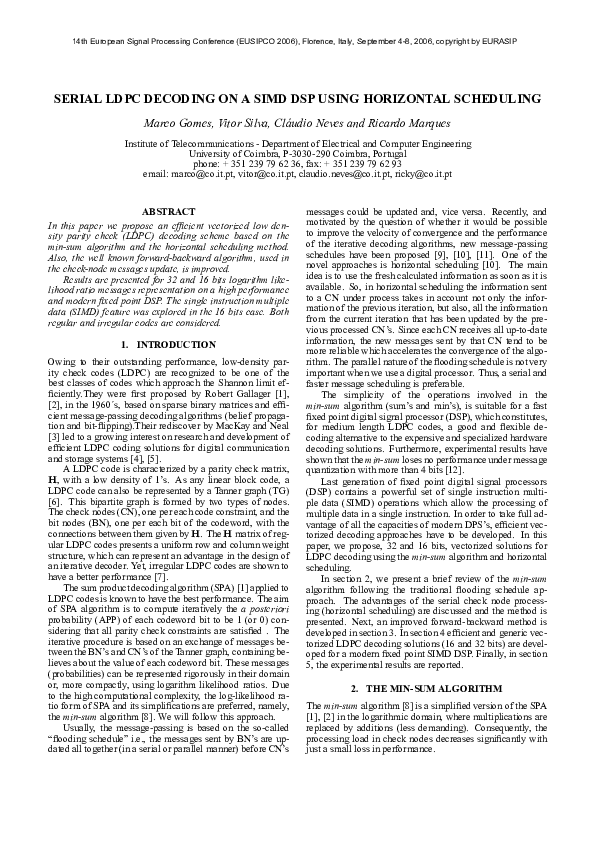 (PDF) Serial LDPC decoding on a SIMD DSP using horizontal-scheduling