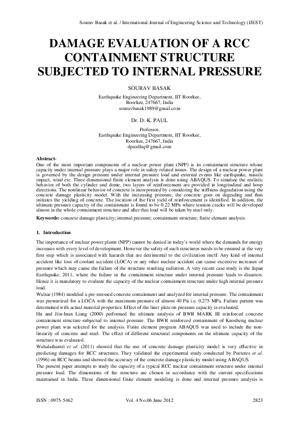(PDF) Damage Evaluation of a RCC Containment Structure Subjected to Internal Pressure