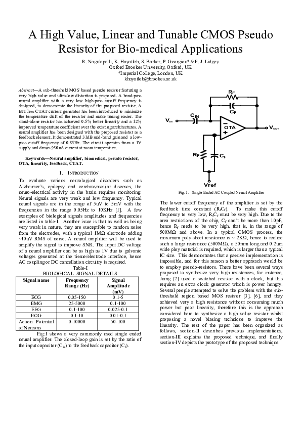 (PDF) A High Value, Linear and Tunable CMOS Pseudo-Resistor for ...