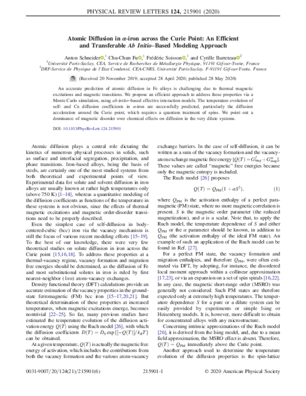 (PDF) Atomic Diffusion in α -iron across the Curie Point: An Efficient ...