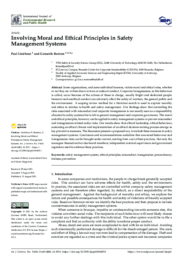 (PDF) Involving Moral and Ethical Principles in Safety Management Systems