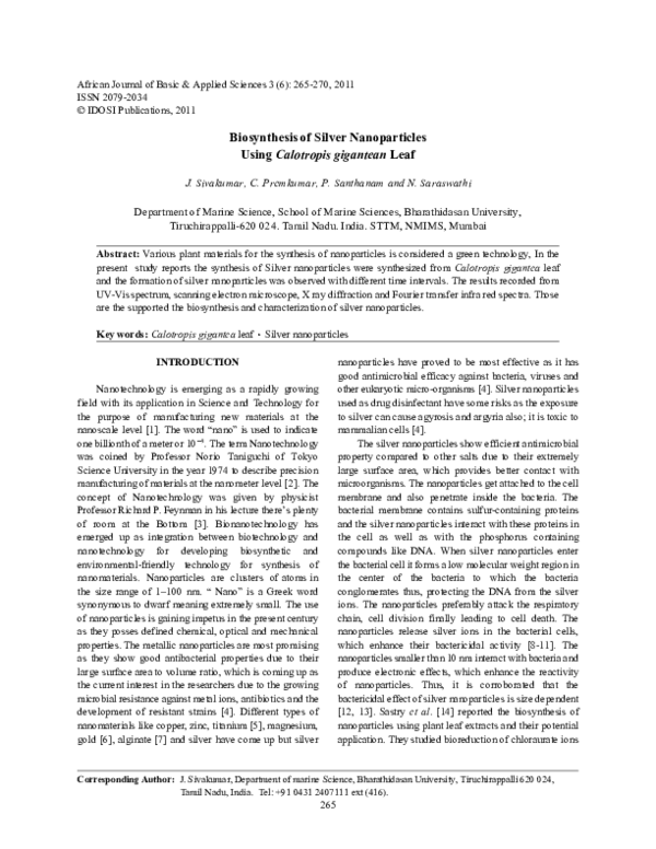 (PDF) Biosynthesis of Silver Nanoparticles Using Calotropis gigantean Leaf