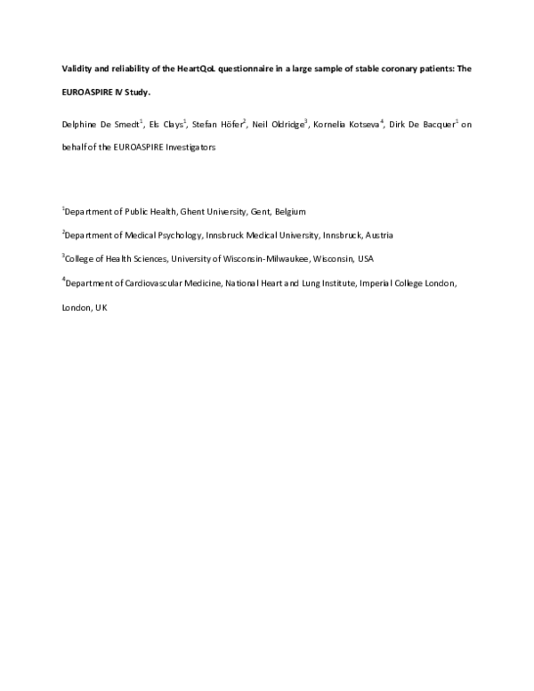 (PDF) Validity and reliability of the HeartQoL questionnaire in a large ...