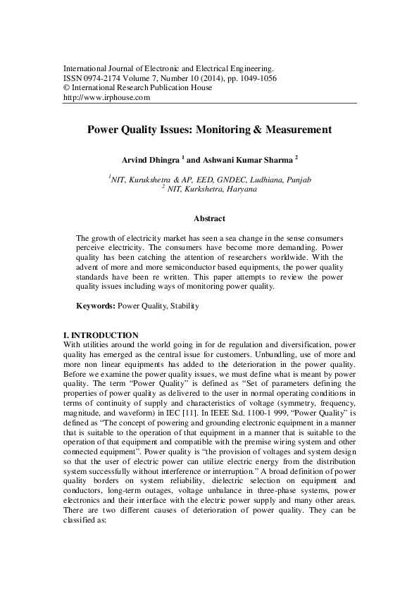 (PDF) Power Quality Issues : Monitoring & Measurement
