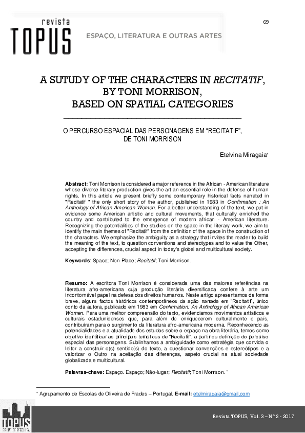 (PDF) A Sutudy of the Characters in Recitatif, by Toni Morrison, Based ...