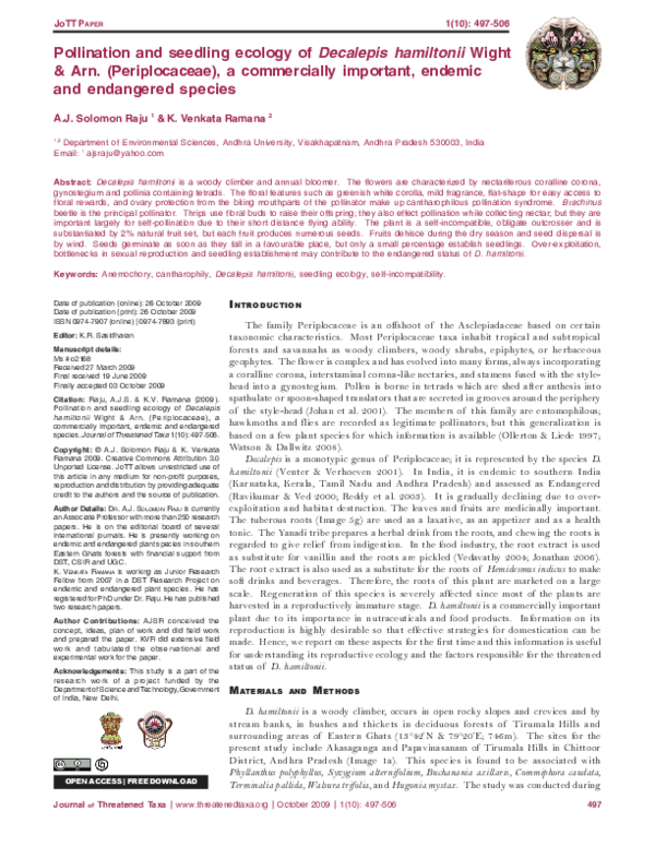 (PDF) Pollination and seedling ecology of Decalepis hamiltonii Wight ...