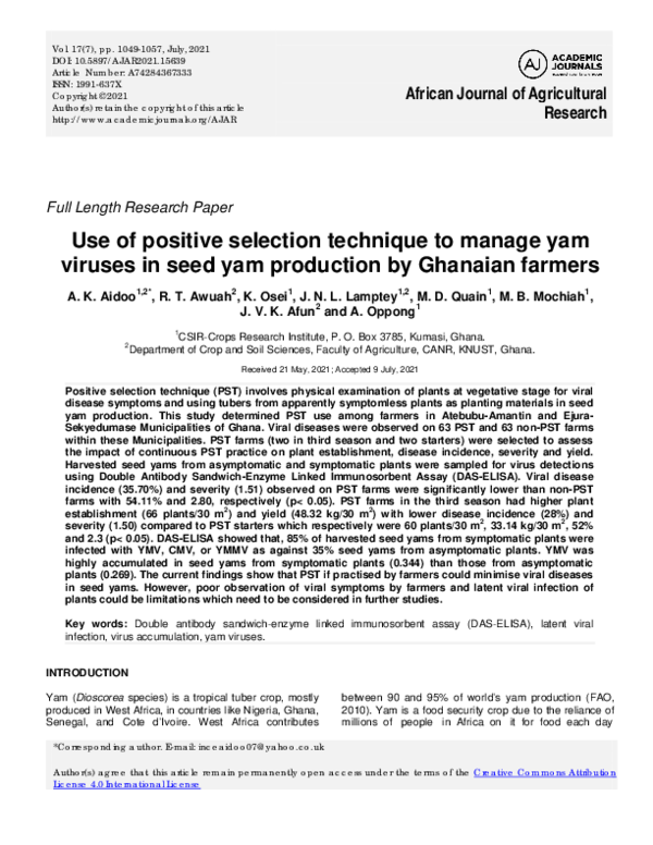 (PDF) Use of positive selection technique to manage yam viruses in seed ...