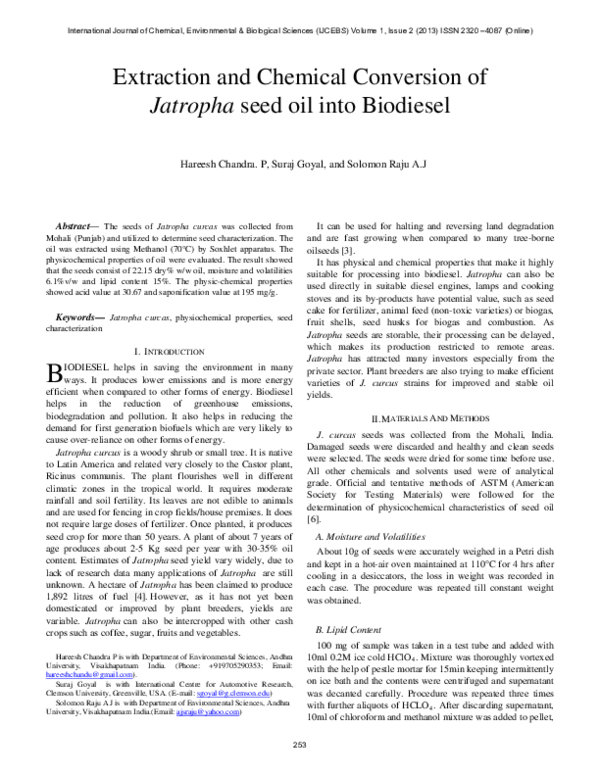 (PDF) Extraction and Chemical Conversion of Jatropha seed oil into ...