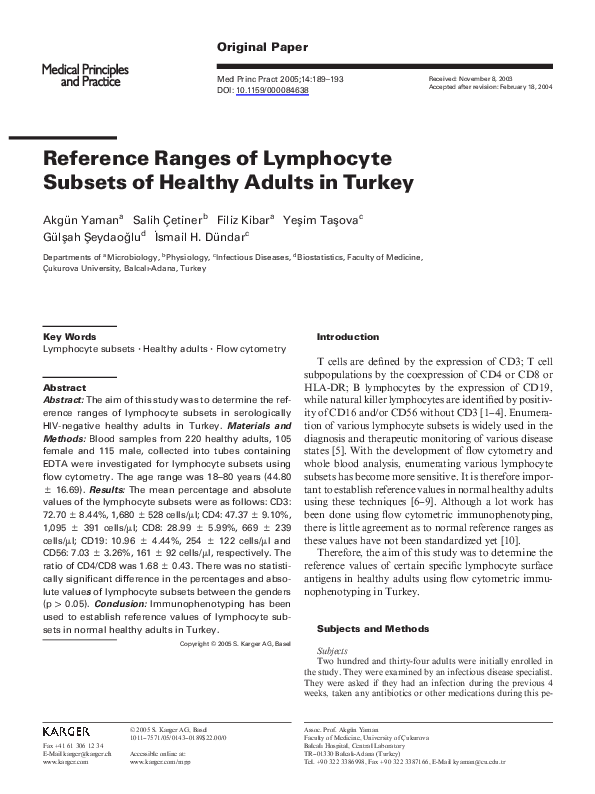 (PDF) Reference ranges of lymphocyte subsets of healthy adults in Turkey