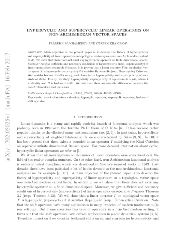 (PDF) Hypercyclic and supercyclic linear operators on non-Archimedean vector spaces