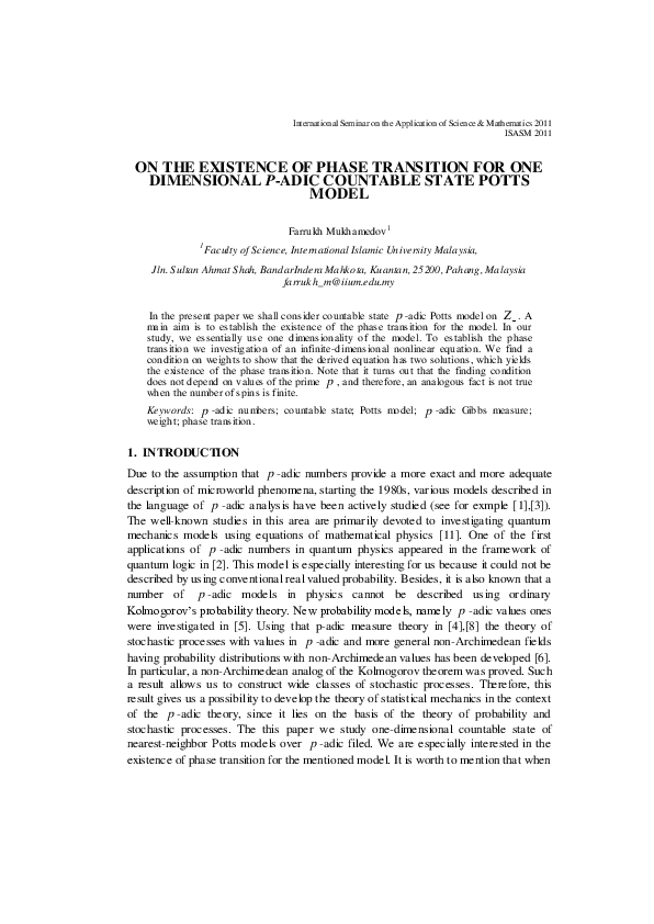 (PDF) On the existence of phase transition for one dimensional P-adic countable state Potts model