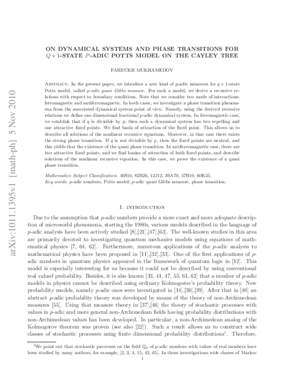 Pdf On Dynamical Systems And Phase Transitions For Q 1 State P Adic