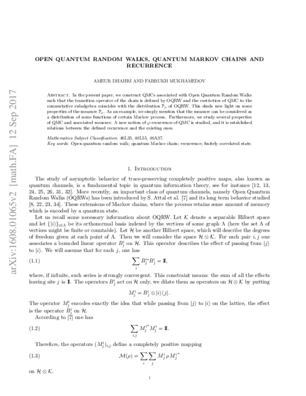 Pdf Open Quantum Random Walks Quantum Markov Chains And Recurrence