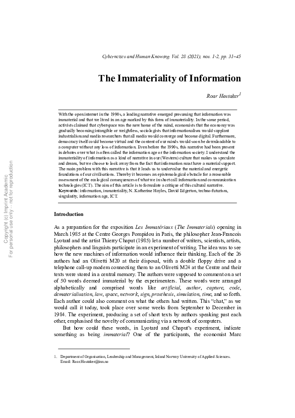 (PDF) The Immateriality of Information