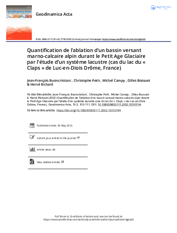 (PDF) Quantification de l'ablation dun bassin versant marno-calcaire ...