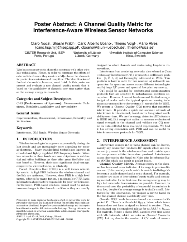 (PDF) A Channel Quality Metric for Interference Aware Wireless Sensor Networks