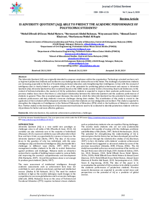 (PDF) Is Adversity Quotient (Aq) Able to Predict the Academic Performance of Polytechnic Students?