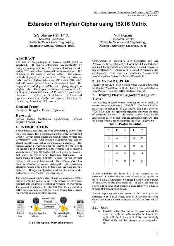 (PDF) Extension of Playfair Cipher using 16X16 Matrix