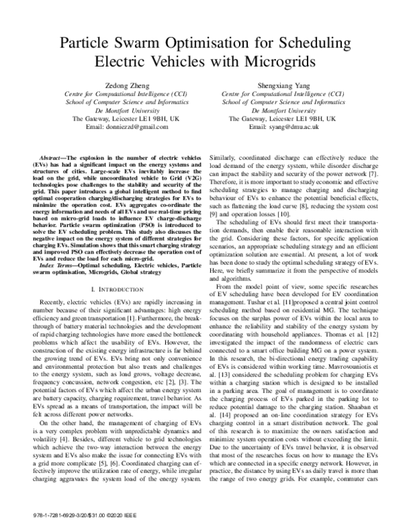 Pdf Particle Swarm Optimisation For Scheduling Electric Vehicles With