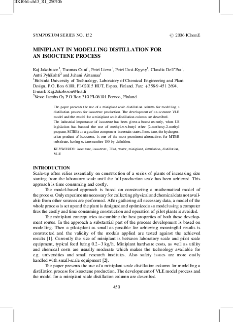 (PDF) Miniplant in modelling distillation for an isooctene process