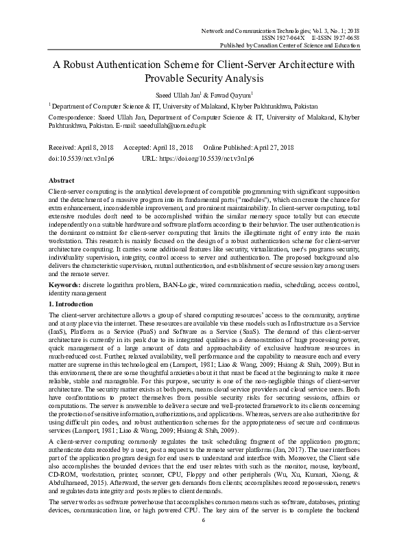 (PDF) A Robust Authentication Scheme for Client-Server Architecture With Provable Security Analysis