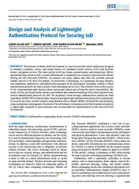 (PDF) Design and Analysis of Lightweight Authentication Protocol for Securing IoD