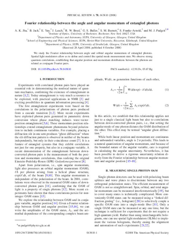 (PDF) Fourier relationship between the angle and angular momentum of entangled photons