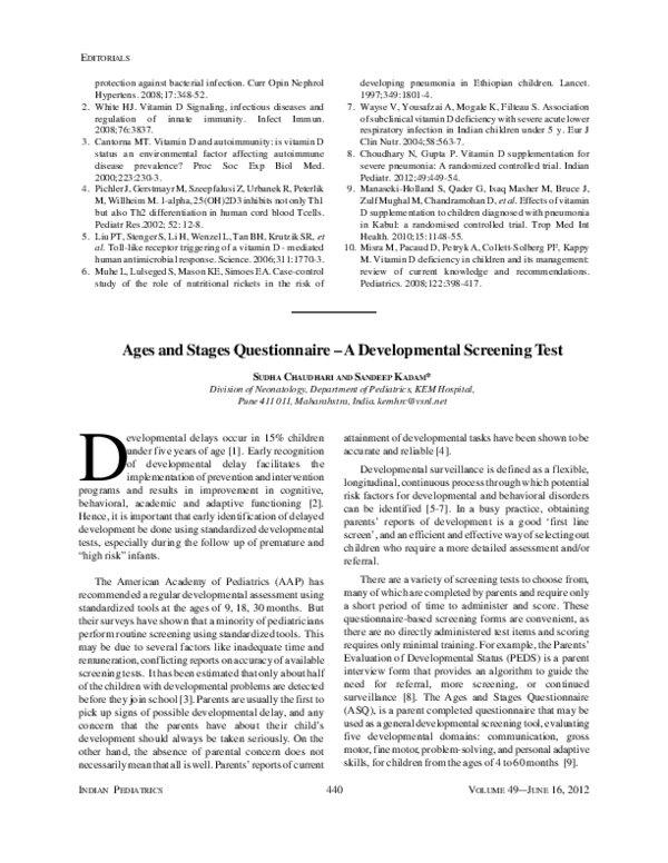 (PDF) Ages and Stages Questionnaire--a developmental screening test