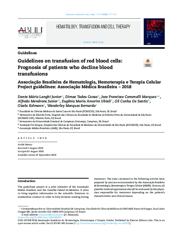 (PDF) Guidelines on transfusion of red blood cells: Prognosis of ...
